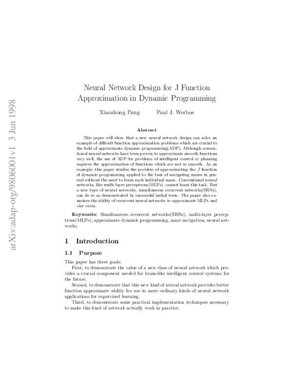Pdf Neural Network Design For J Function Approximation In Dynamic Programming Paul Werbos