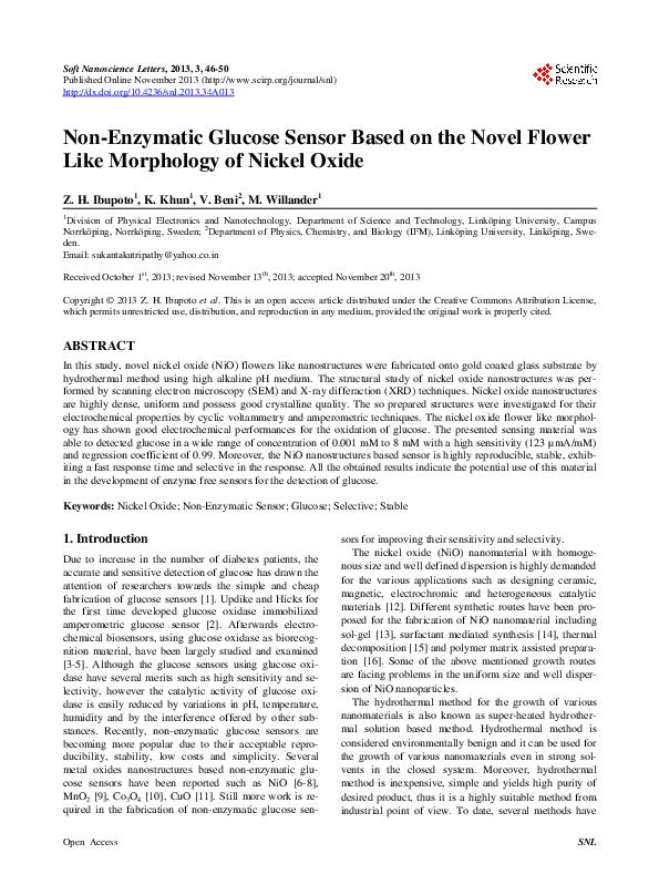 (PDF) Non-Enzymatic Glucose Sensor Based on the Novel Flower Like Morphology of Nickel Oxide