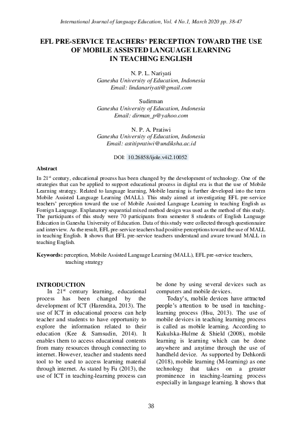 (PDF) EFL Pre-Service Teachers’ Perception toward the Use of Mobile Assisted Language Learning ...