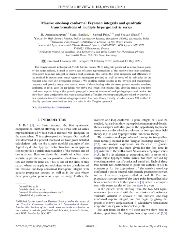Pdf Massive One Loop Conformal Feynman Integrals And Quadratic Transformations Of Multiple