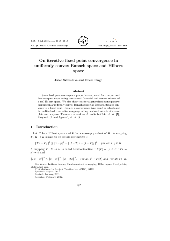 Pdf On Iterative Fixed Point Convergence In Uniformly Convex Banach Space And Hilbert Space