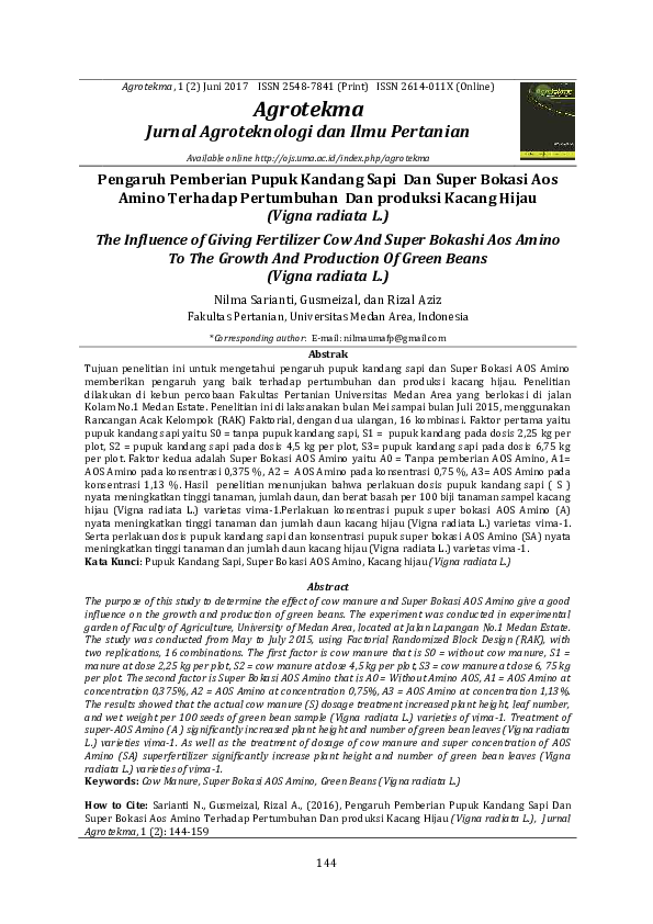 (PDF) Pengaruh Pemberian Pupuk Kandang Sapi Dan Super Bokasi Aos Amino Terhadap Pertumbuhan Dan ...