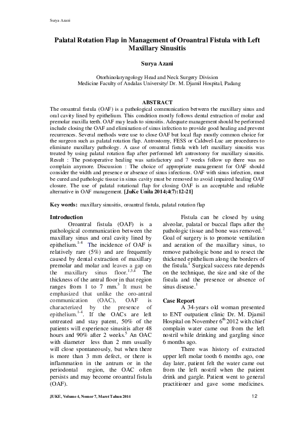 (PDF) Palatal Rotation Flap in Management of Oroantral Fistula with ...