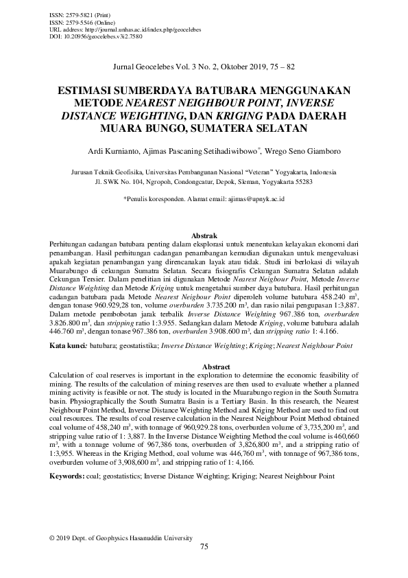 (PDF) Estimasi Sumberdaya Batubara Menggunakan Metode Nearest Neighbour ...