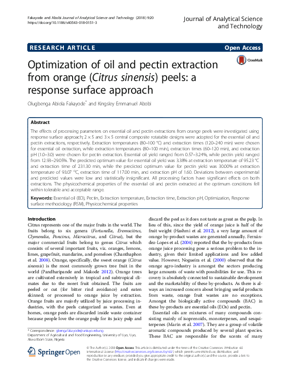 Pdf Optimization Of Oil And Pectin Extraction From Orange Citrus