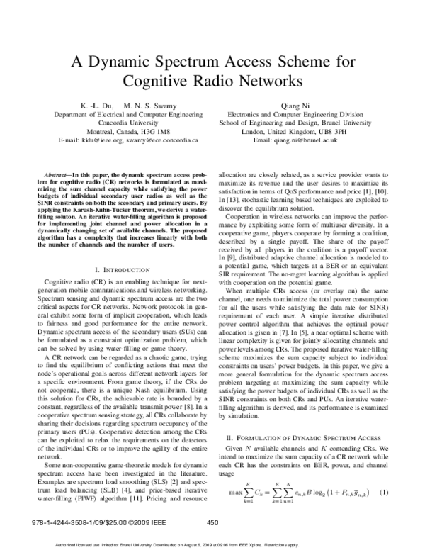 Pdf A Dynamic Spectrum Access Scheme For Cognitive Radio Networks