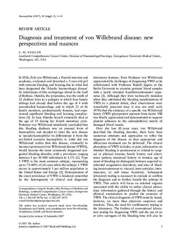 (PDF) Diagnosis and treatment of von Willebrand disease: new ...