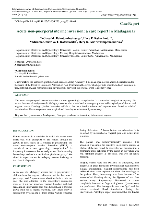 (PDF) Acute non-puerperal uterine inversion: a case report in Madagascar
