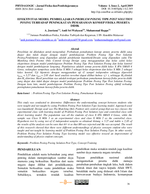 (PDF) Efektivitas Model Pembelajaran Problem Posing Tipe Post Solution Posing Terhadap ...