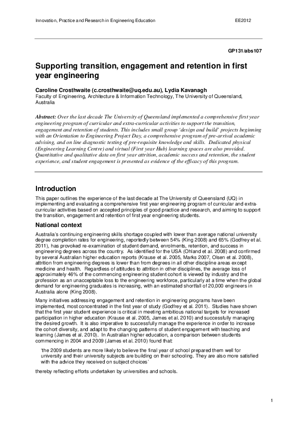 (PDF) Supporting transition, engagement and retention in first year ...