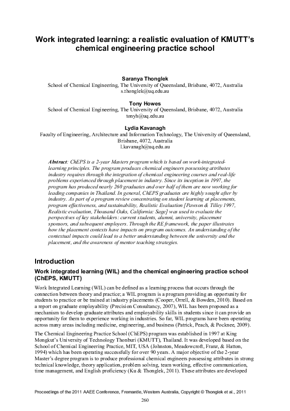 (PDF) Work integrated learning: a realistic evaluation of KMUTT's chemical engineering practice ...