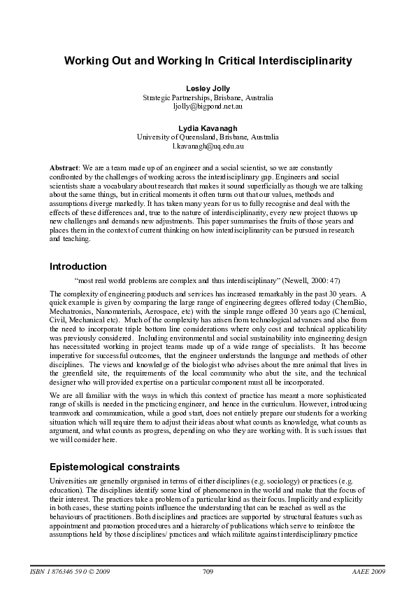 (PDF) Working out and working in critical interdisciplinarity