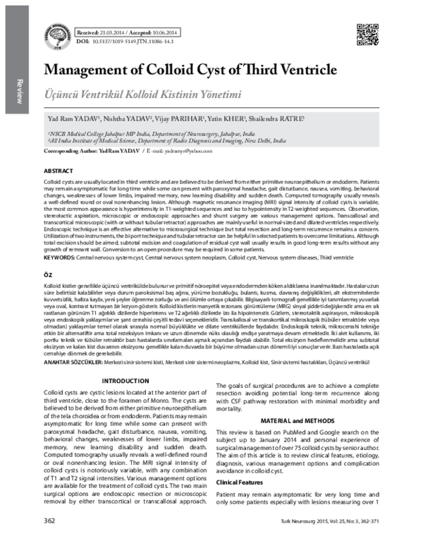 (PDF) Management of colloid cyst of third ventricle
