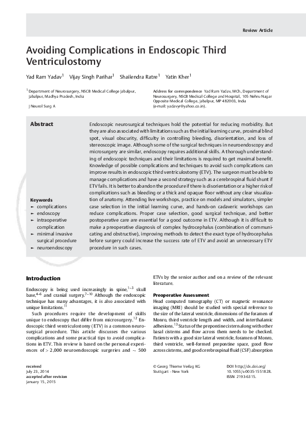 Pdf Avoiding Complications In Endoscopic Third Ventriculostomy