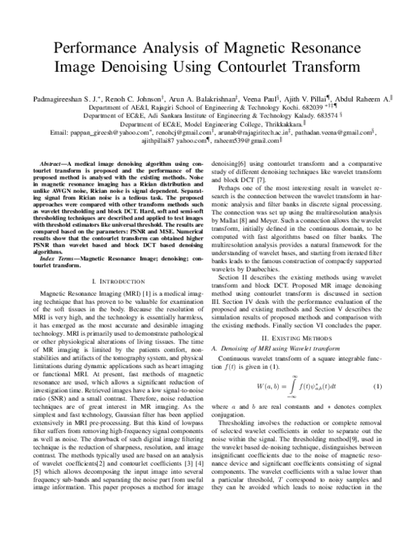 (PDF) Performance Analysis of Magnetic Resonance Image Denoising Using Contourlet Transform