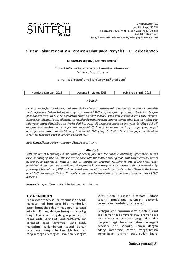 (PDF) Sistem Pakar Penentuan Tanaman Obat pada Penyakit THT berbasis Web