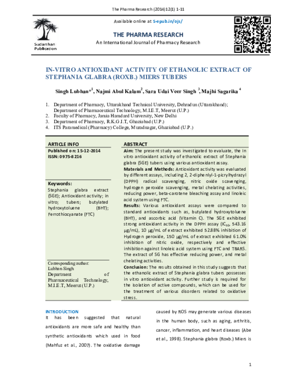 (PDF) In vitro Antioxidant Activity of Ethanolic Extracts of Centella asiatica, Punica granatum ...
