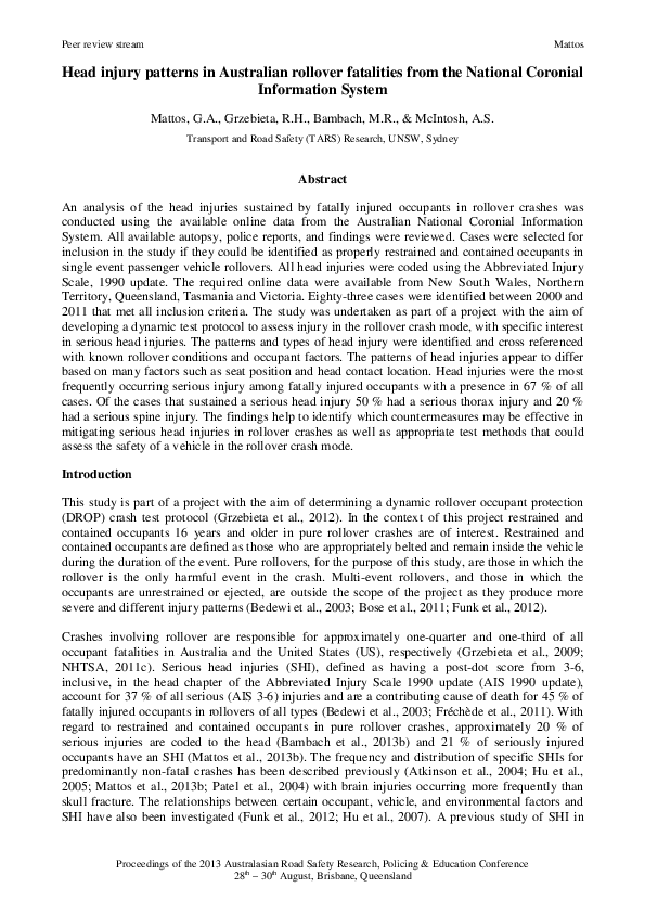 (PDF) Head injury patterns in Australian rollover fatalities from the ...