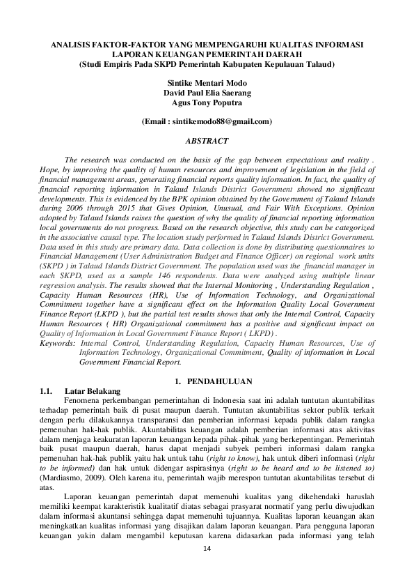 (PDF) ANALISIS FAKTOR-FAKTOR YANG MEMPENGARUHI KUALITAS INFORMASI LAPORAN KEUANGAN PEMERINTAH ...