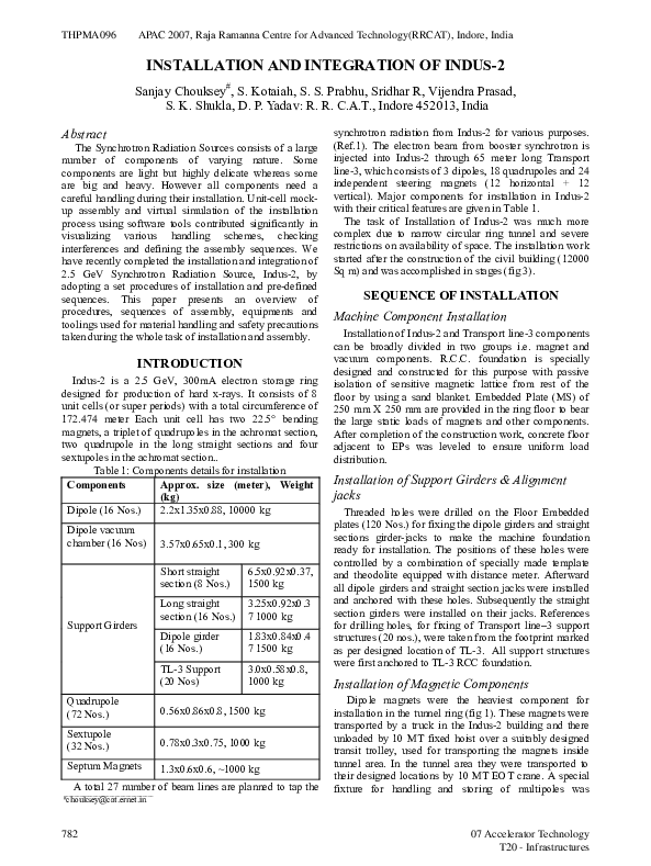 (PDF) Installation and Integration of INDUS-2