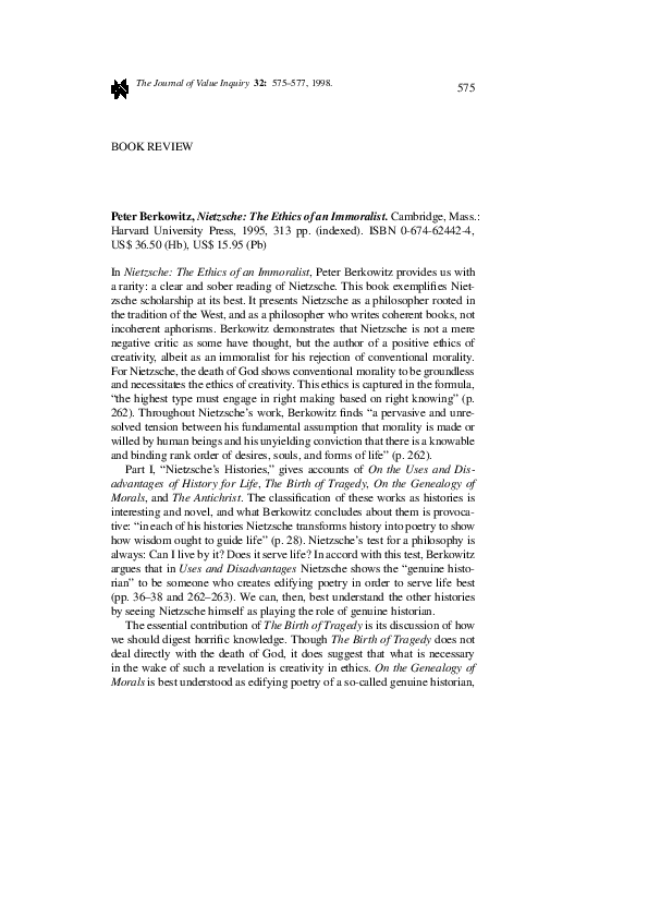 (PDF) Peter Berkowitz, Nietzsche: The Ethics of An Immoralist