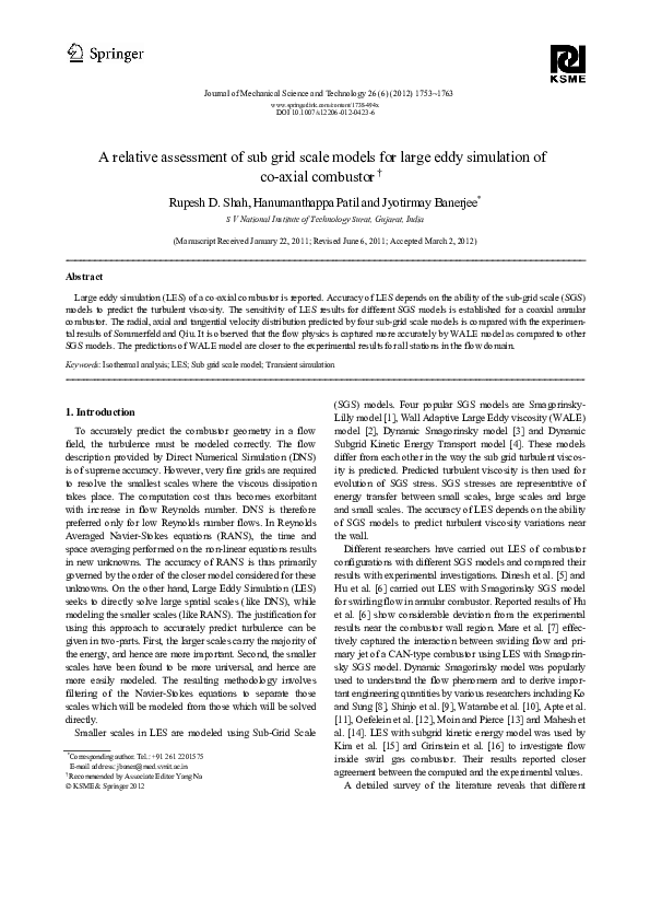 (PDF) A relative assessment of sub grid scale models for large eddy simulation of co-axial combustor