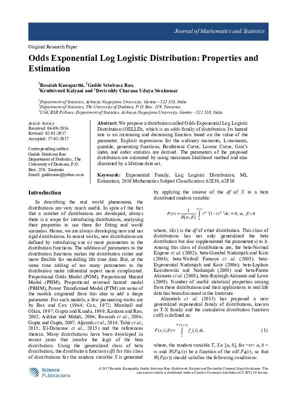 (PDF) Odds Exponential Log Logistic Distribution: Properties and Estimation
