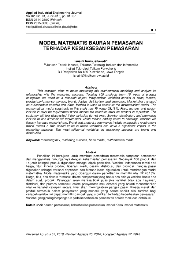 (PDF) Model Matematis Bauran Pemasaran Terhadap Kesuksesan Pemasaran
