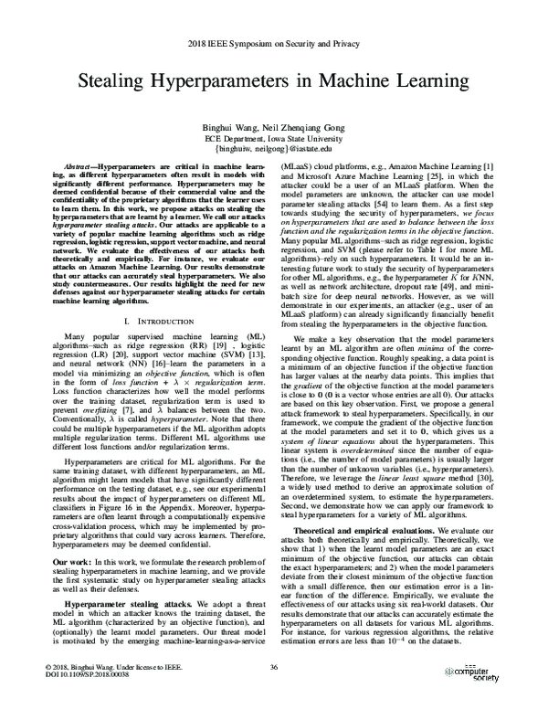 (PDF) Stealing Hyperparameters in Machine Learning