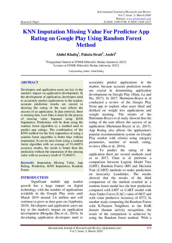 (PDF) KNN Imputation Missing Value For Predictor App Rating on Google Play Using Random Forest ...
