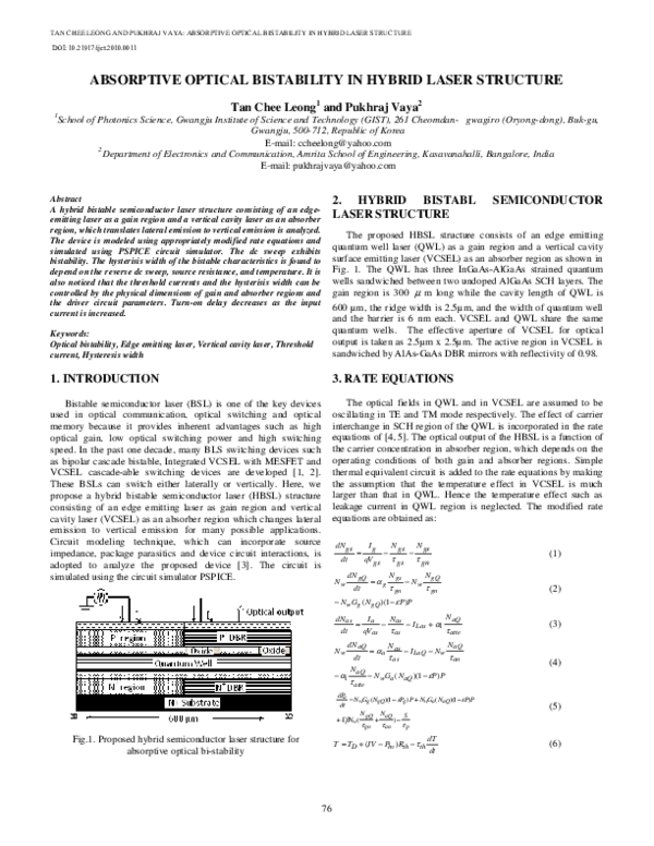 (PDF) Absorptive Optical Bistability in Hybrid Laser Structure