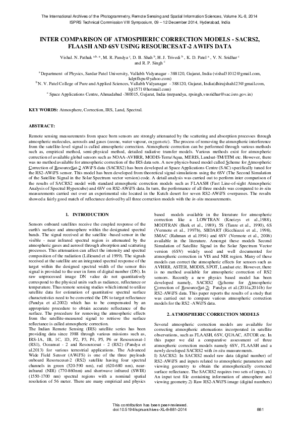 Pdf Inter Comparison Of Atmospheric Correction Models Sacrs2 Flaash And 6sv Using