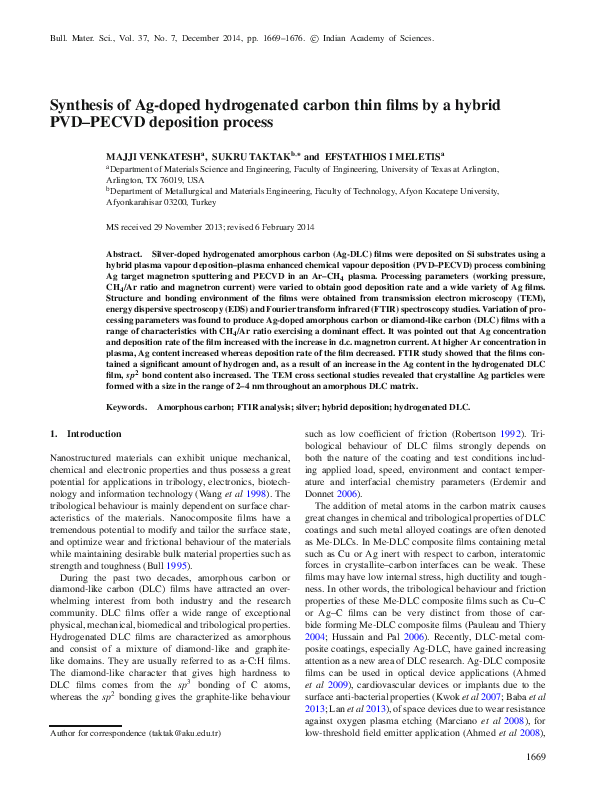 (PDF) Synthesis of Ag-doped hydrogenated carbon thin films by a hybrid ...
