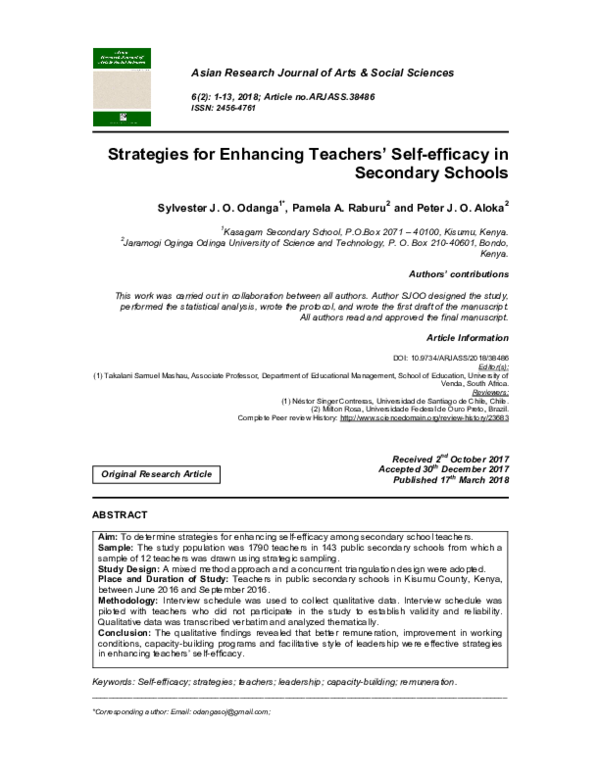 (PDF) Strategies for Enhancing Teachers’ Self-efficacy in Secondary Schools