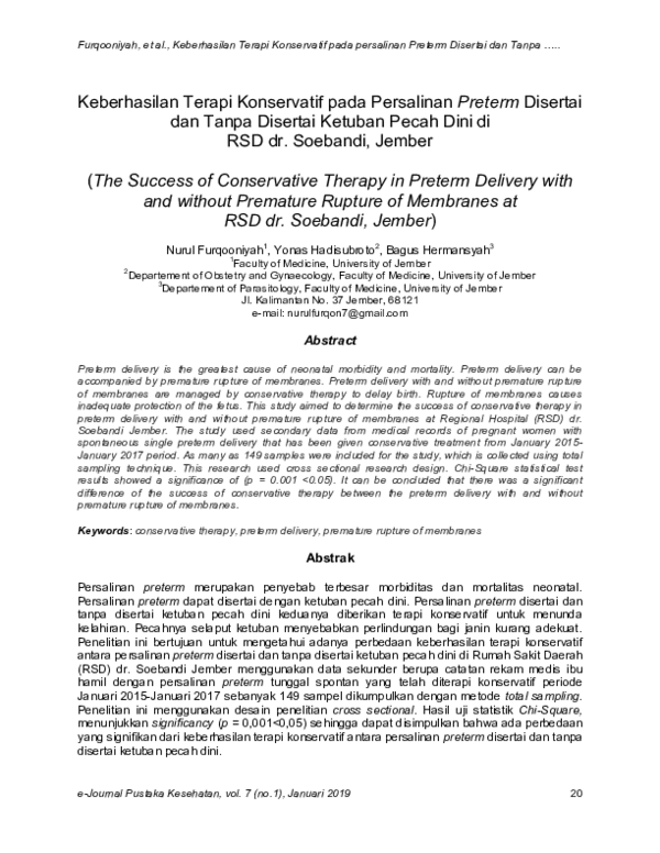 (PDF) Keberhasilan Terapi Konservatif pada Persalinan Preterm Disertai ...