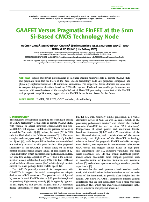 (PDF) GAAFET Versus Pragmatic FinFET at the 5nm Si-Based CMOS Technology Node
