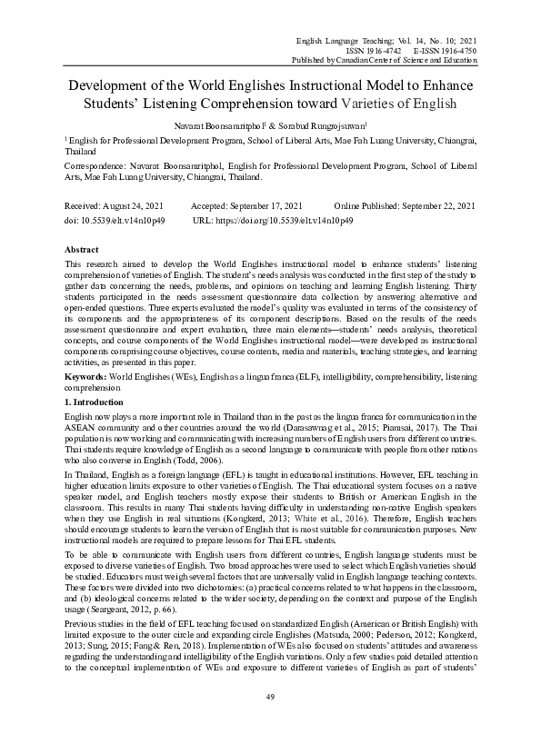 (PDF) Development of the World Englishes Instructional Model to Enhance ...