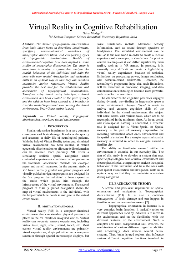 Pdf Virtual Reality In Cognitive Rehabilitation