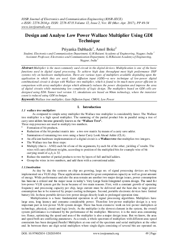 (PDF) Design and Analyse Low Power Wallace Multiplier Using GDI Technique