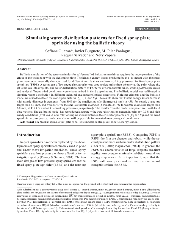 (PDF) Simulating water distribution patterns for fixed spray plate sprinkler using the ballistic ...