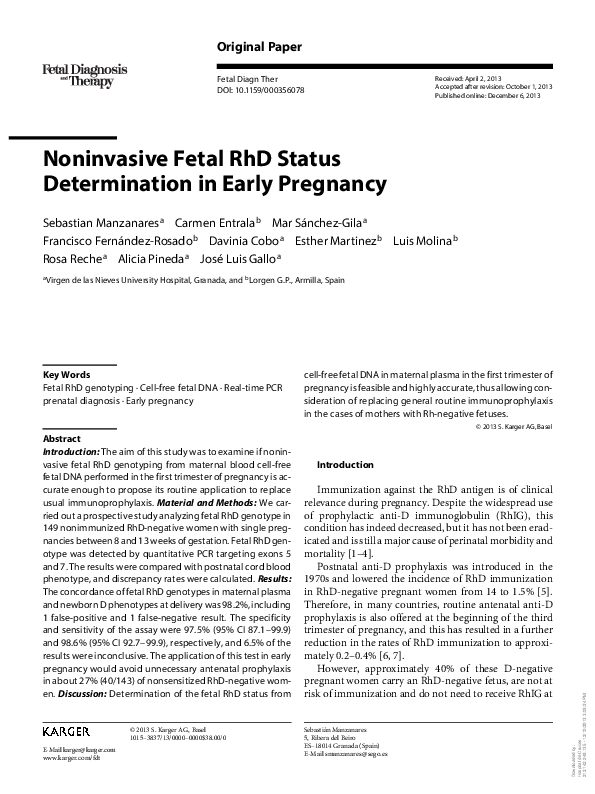 (PDF) Noninvasive Fetal RhD Status Determination in Early Pregnancy