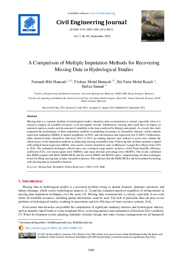 (PDF) A Comparison of Multiple Imputation Methods for Recovering Missing Data in Hydrological ...