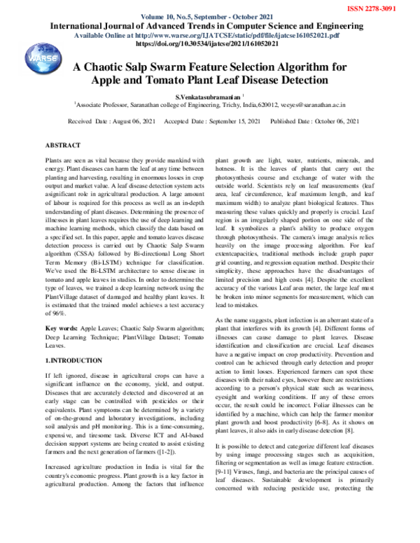 Pdf A Chaotic Salp Swarm Feature Selection Algorithm For Apple And Tomato Plant Leaf Disease