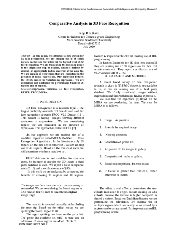 Pdf Comparative Analysis In 3d Face Recognition
