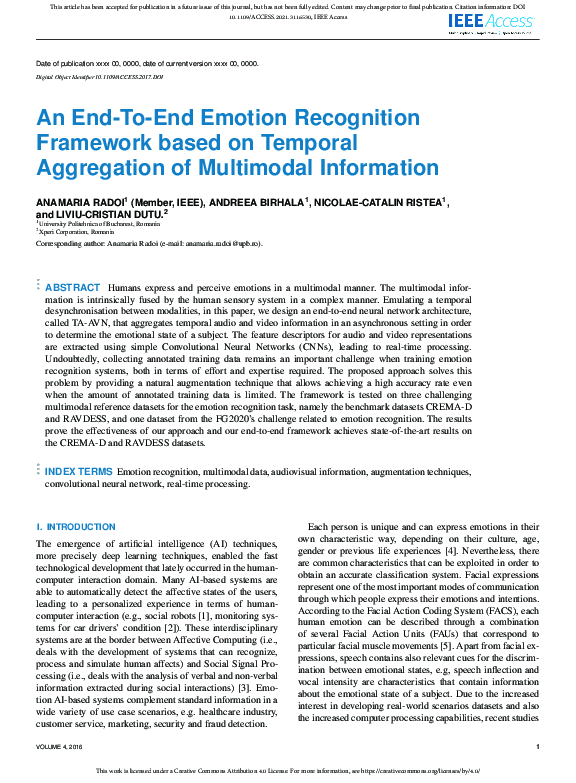 Pdf An End To End Emotion Recognition Framework Based On Temporal Aggregation Of Multimodal
