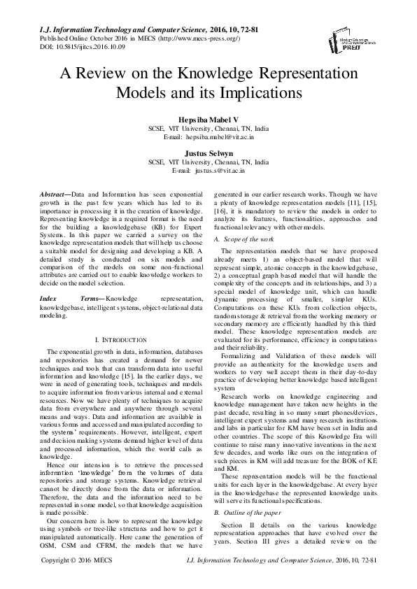 (PDF) A Review on the Knowledge Representation Models and its Implications