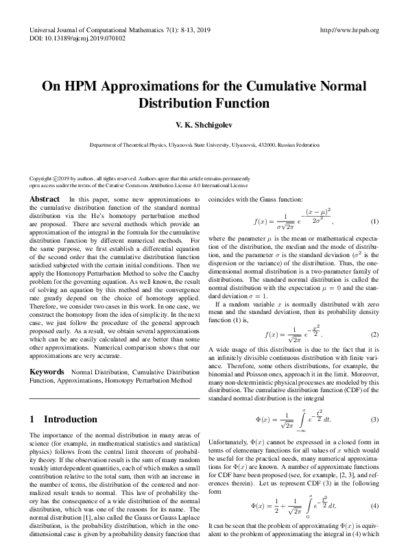 (PDF) On HPM Approximations for the Cumulative Normal Distribution Function