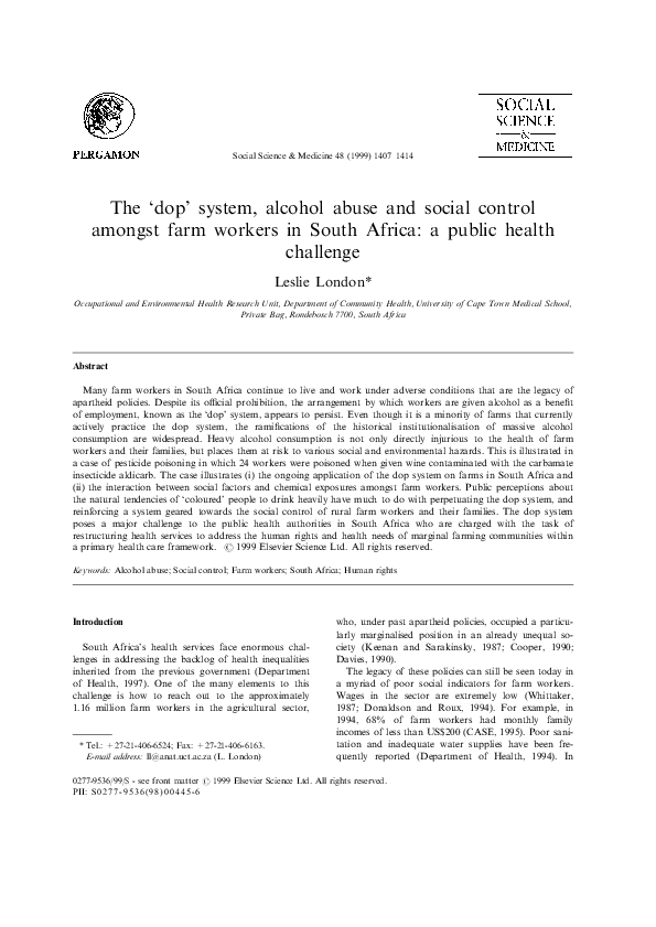 (PDF) The `dop' system, alcohol abuse and social control amongst farm ...