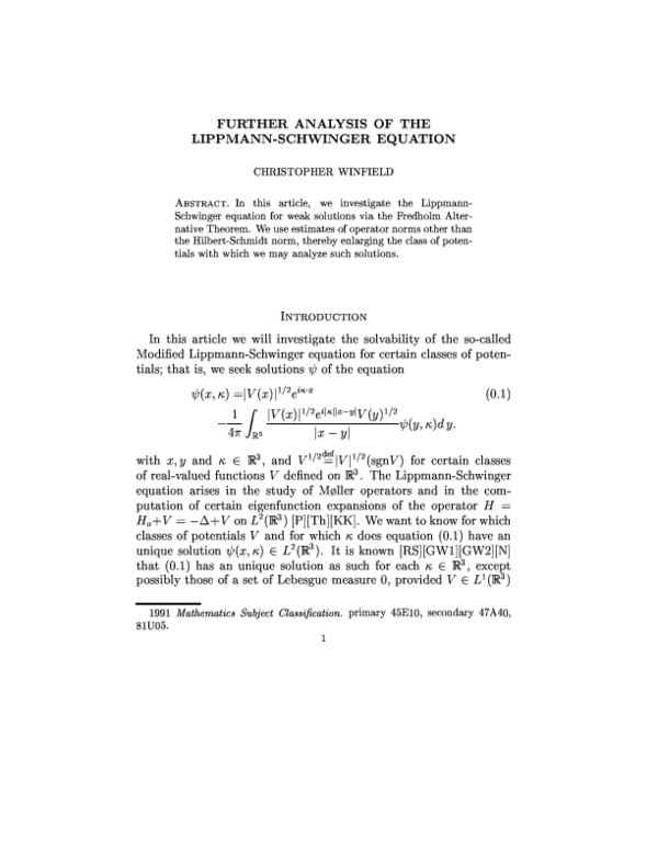 (PDF) Further Analysis of the Lippmann-Schwinger Equation