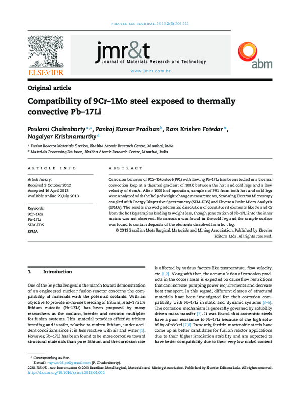 (PDF) Compatibility of 9Cr–1Mo steel exposed to thermally convective Pb–17Li | Ram Fotedar ...
